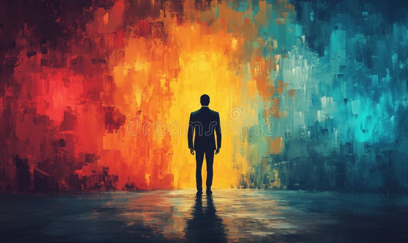 Silhouette of a Man Standing Against Vibrant Abstract Background of ...