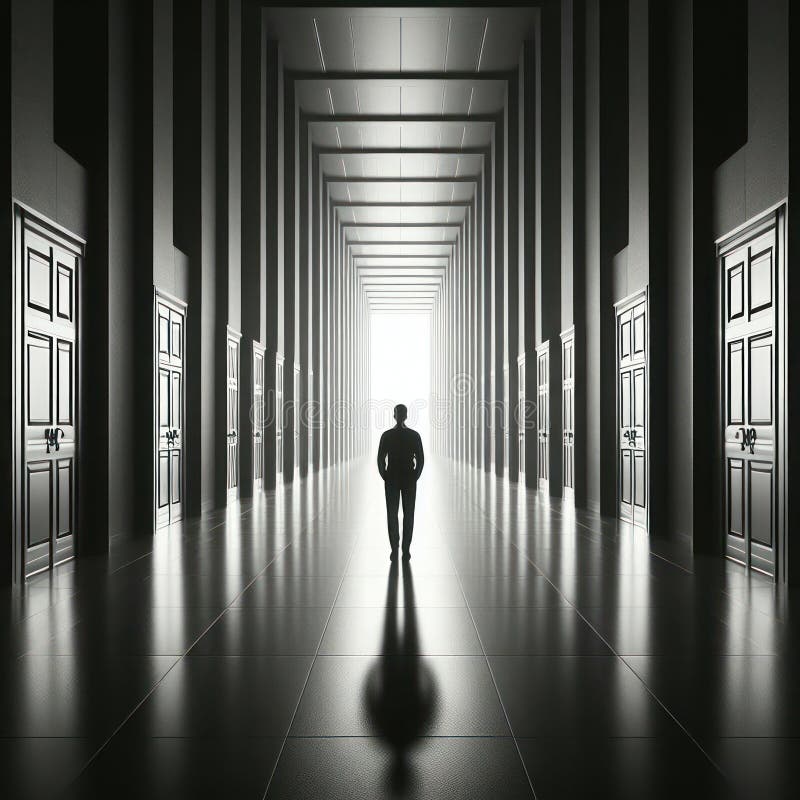 Silhouette of a Man Standing in a Corridor with Many Doors. Stock ...