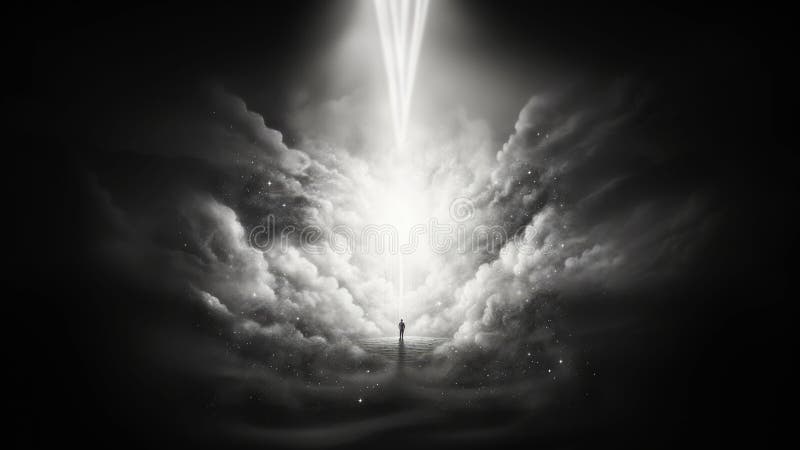 Silhouette of a Man Standing in a Dark Cloud with a Light Beam in the ...