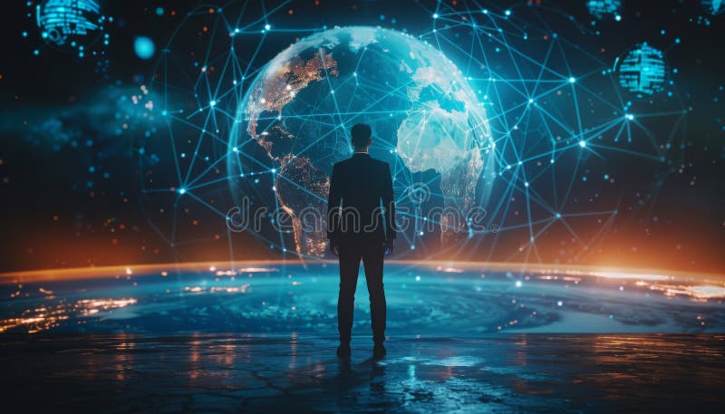 Silhouette of Man Standing before a Digital Globe Stock Illustration ...