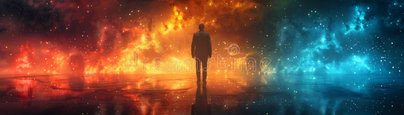 Silhouette of a Man Standing between Fire and Water, Representing ...