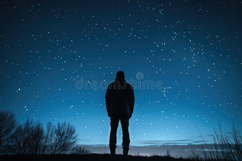 Silhouette of a Man Standing at Night and Looking at Starry Sky Stock ...