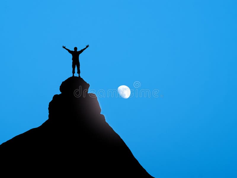 Silhouette of a Man Standing on a Rock with His Hands Up Stock Image ...