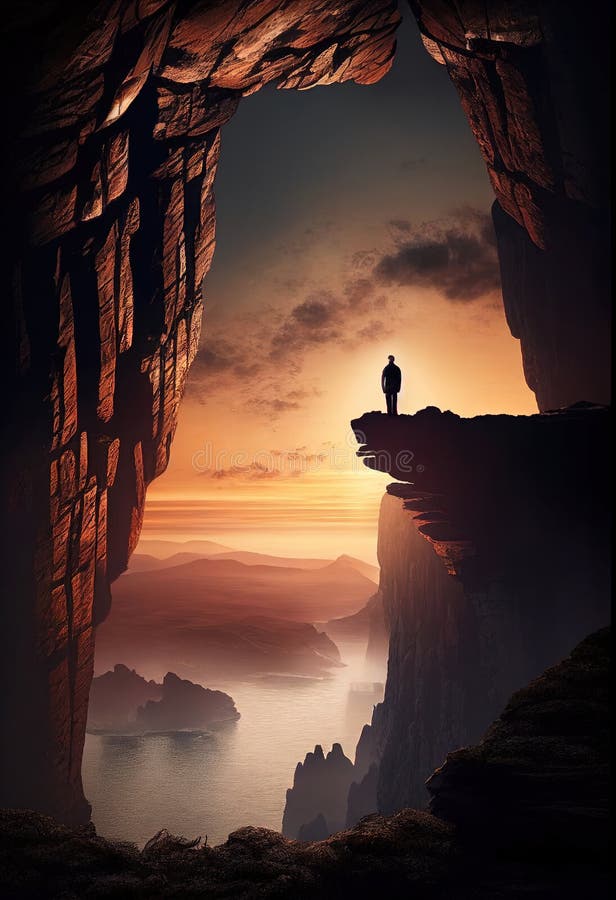 Silhouette of a Man Standing on a Rock Ledge Against the Background of ...