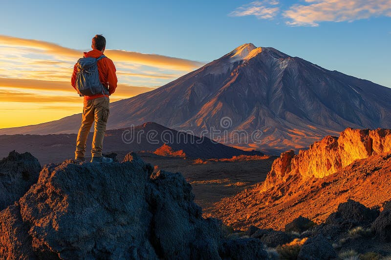Silhouette of a Man Standing on a Rock Observing the Landscape at ...