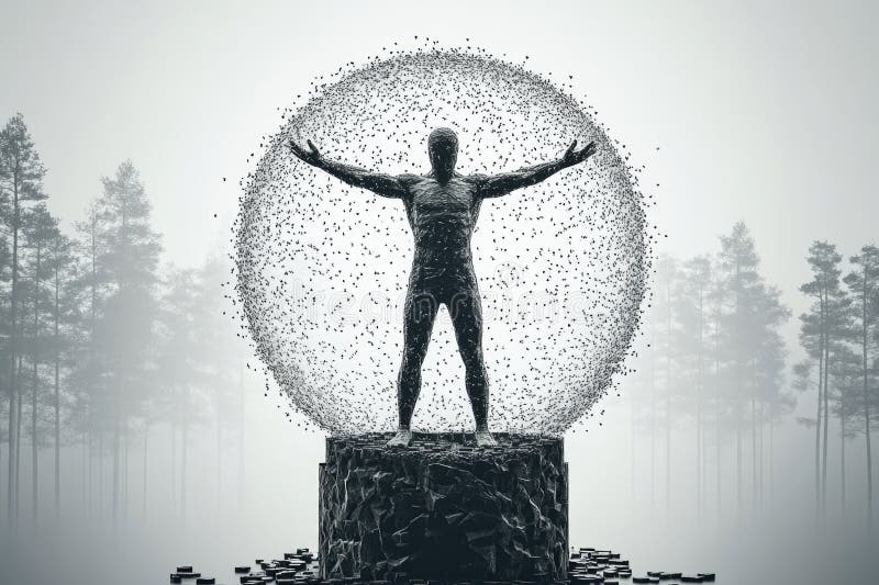 Silhouette of Man Standing in Sphere of Particles Amid Misty Forest ...