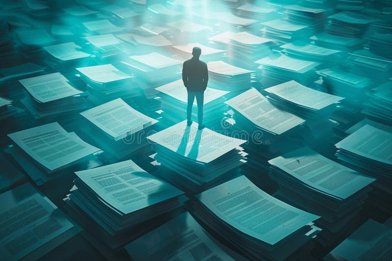 Silhouette of a Man Standing on a Stack of Papers Stock Illustration ...