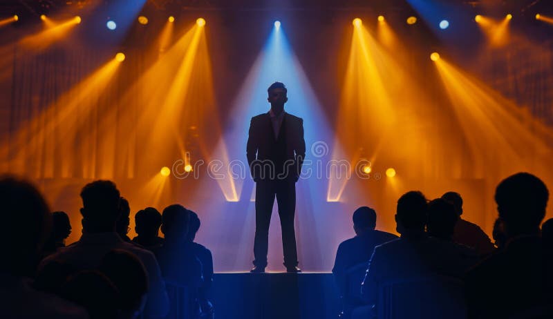 Silhouette of Man Standing on Stage with Crowd in the Background Stock ...