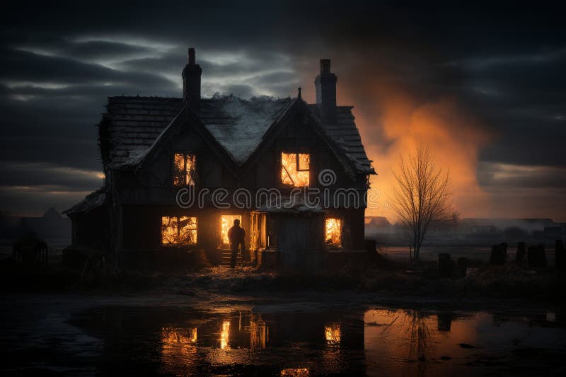 Silhouette Man Standing on Threshold of an Old, Crumbling House, with ...
