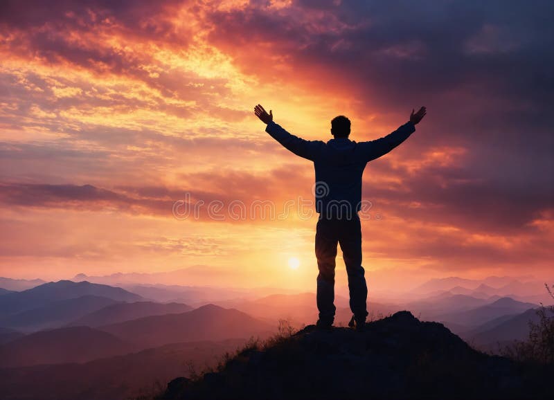 Silhouette of a Man Standing on Top of a Mountain with His Hands Up at ...