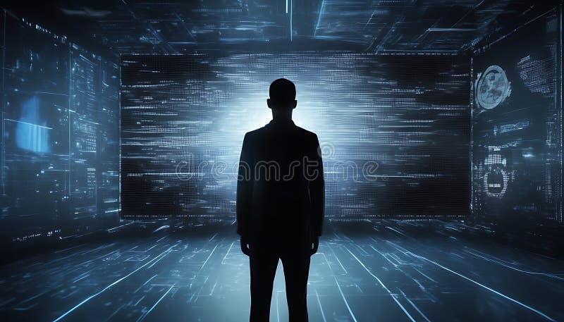 Futuristic Businessman in Cyber Technology Room with Virtual Data Walls ...