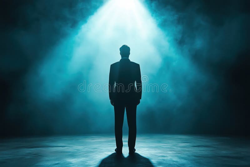 Silhouette of Man in Suit Under Dramatic Spotlight, Surrounded by Mist ...