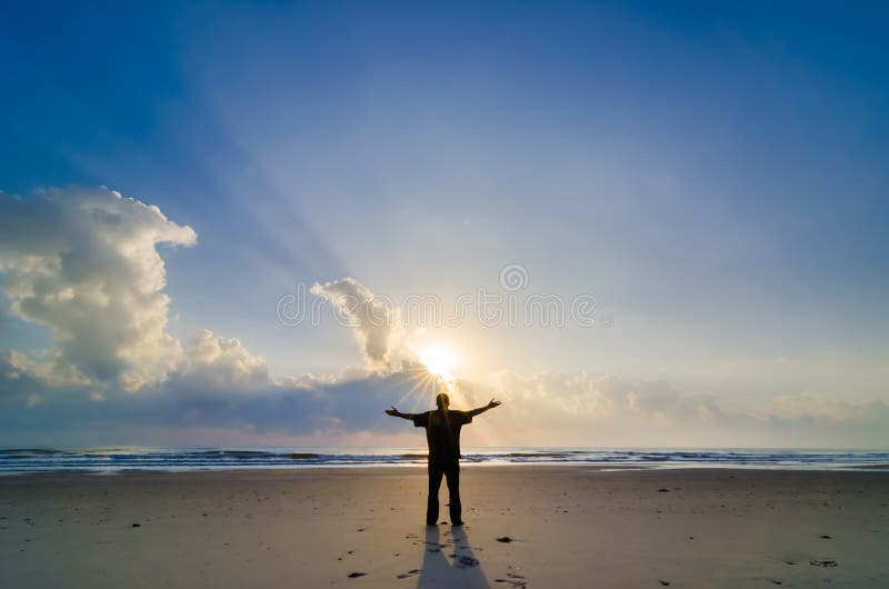 Silhouette Man Rising Arms Sea Sun Triumph Stock Image - Image of ...