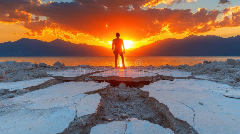 Silhouette of a Man at Sunset Over a Salt Flat Desert Stock ...