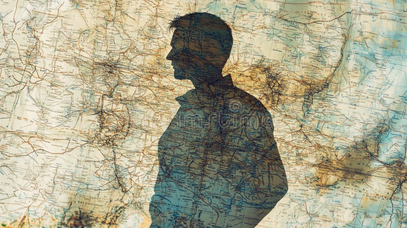 Silhouette of a Man Superimposed on a Detailed Map, Displaying Various ...