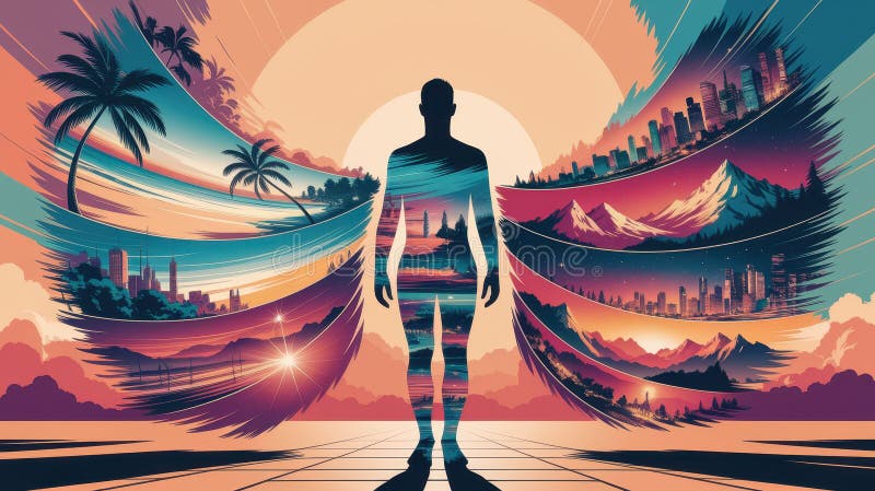 Silhouette of Man Surrounded by Vibrant Landscape and Cityscape ...