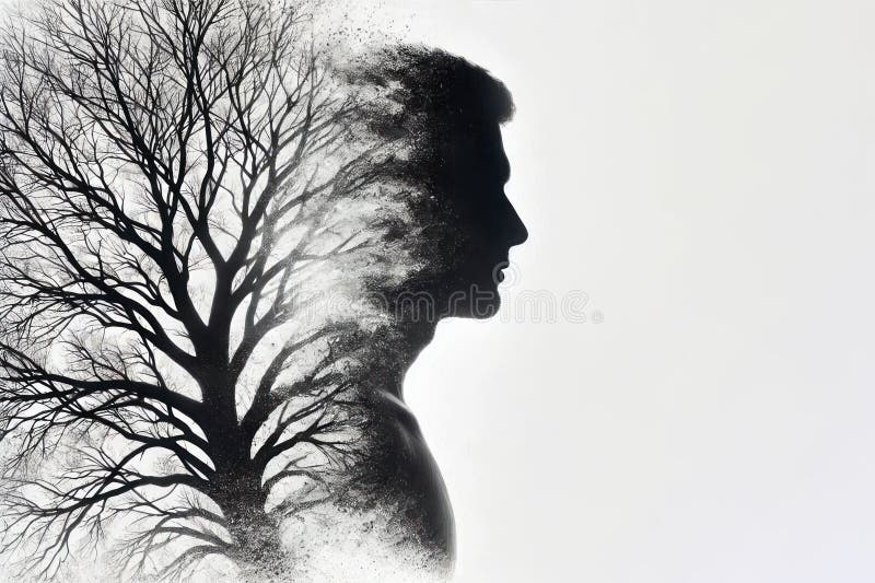 Silhouette of a Man Turning into a Tree. Space for Text. Stock Image ...