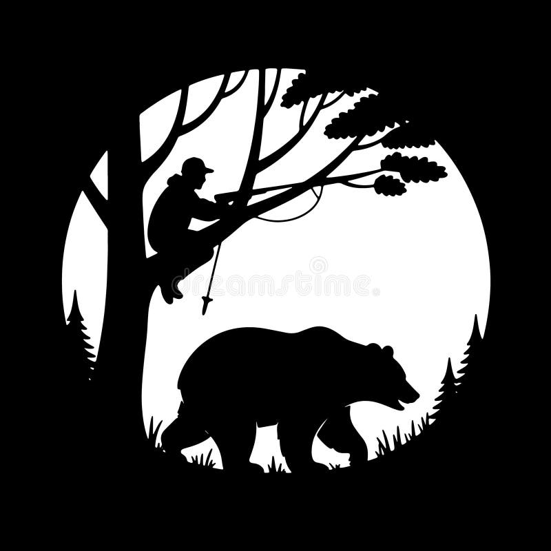 Silhouette of a Man Up in a Tree Observing a Bear Walking through a ...