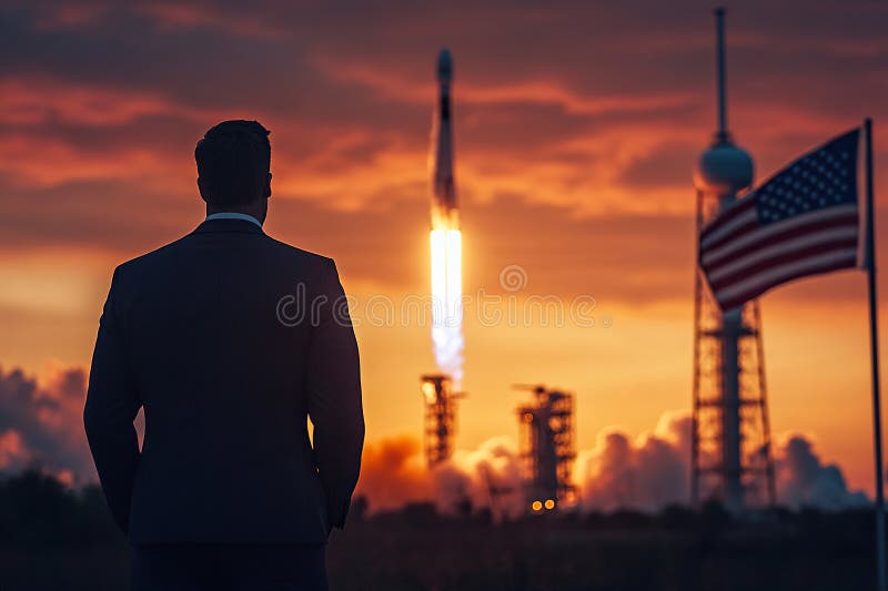 Silhouette of a Man and the US Flag in the Foreground Watching a Space ...