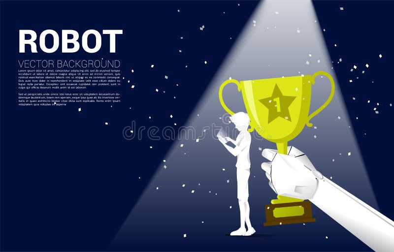 Silhouette of Man Use Mobile Phone with Robot Hand Hold the Champion ...