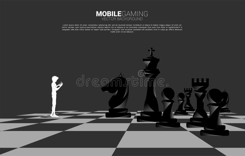 Silhouette of Man Using Mobile Phone with Chess. Stock Vector ...