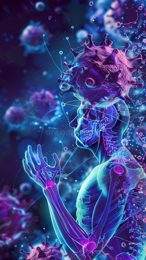 Silhouette of a Man with Viruses Around. Close Up of 3d Microscopic ...