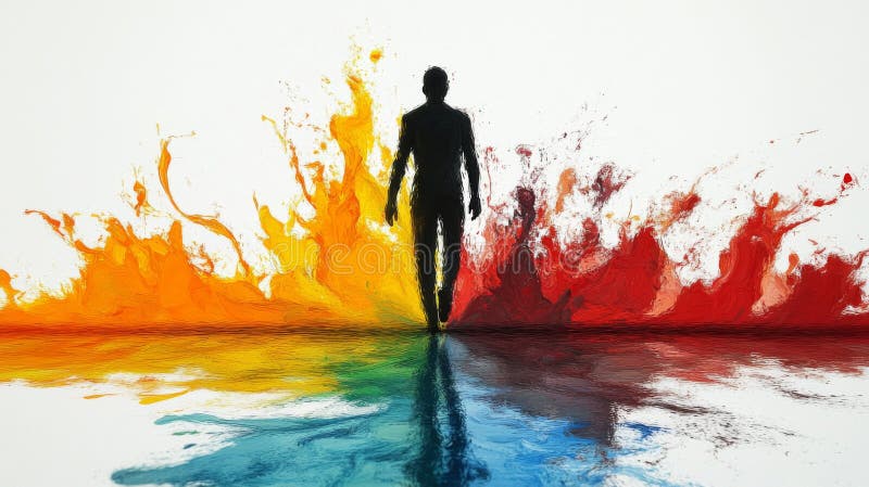 Silhouette Man Walking through Colorful Paint Splatter Stock ...