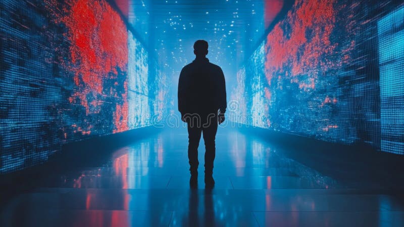 A Silhouette of a Man Walking through a Digital Tunnel Stock ...