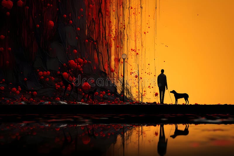 Silhouette of Man Walking Dog at Sunset by Abstract Cityscape Stock ...