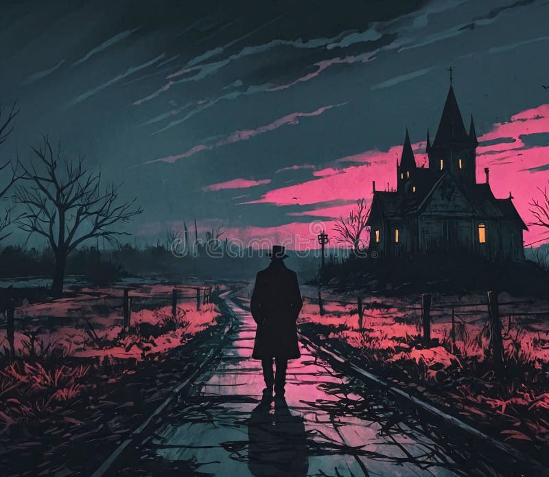 Silhouette of a Man Walking Down the Path, Gothic Style Artwork, AI ...