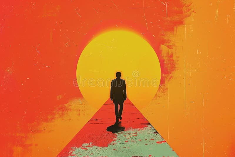 Man Walking Down Path in Front of Orange Sunset. Generative AI Stock ...
