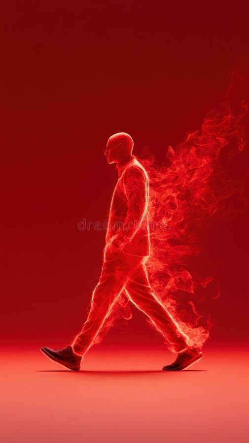 Silhouette of Man Walking with Fiery Flame Effect on Red Background ...