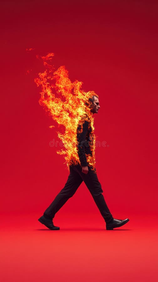 Silhouette of Man Walking with Fiery Flame Effect on Red Background ...