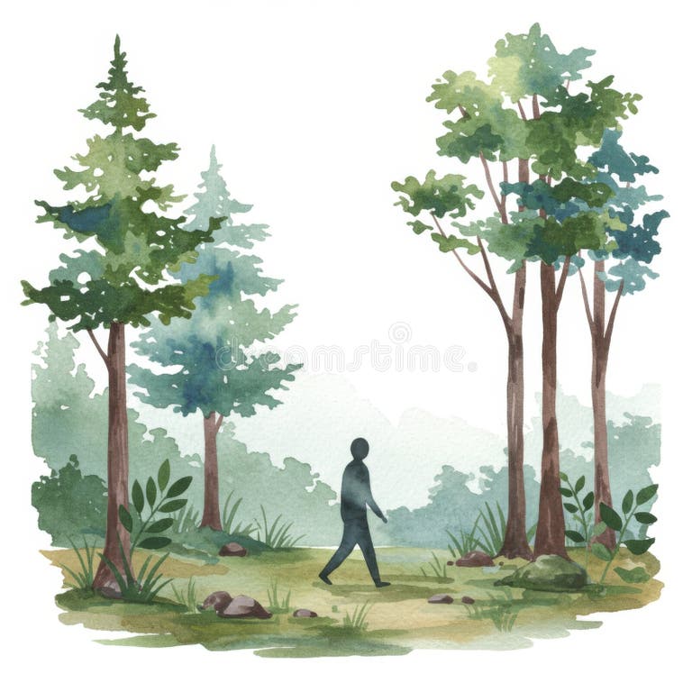 Silhouette of a Man Walking a Forest Path Stock Illustration ...