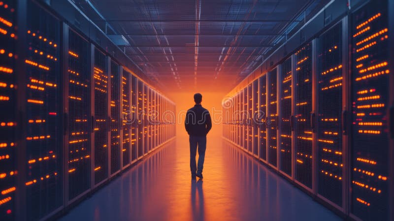 Silhouette of a Man Walking in a Futuristic Data Center with Glowing ...