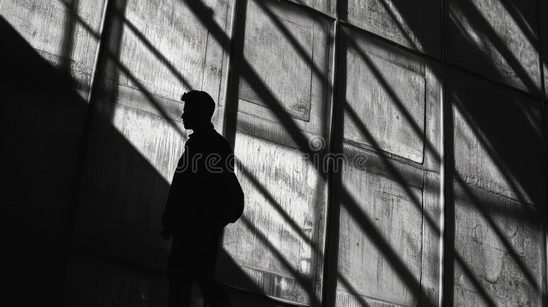 Silhouette of a Man Walking through Geometric Shadow Patterns Stock ...