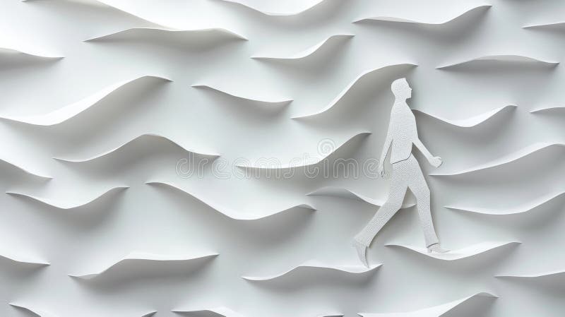 Silhouette of a Man Walking on a Paper Wave Background. Stock Image ...
