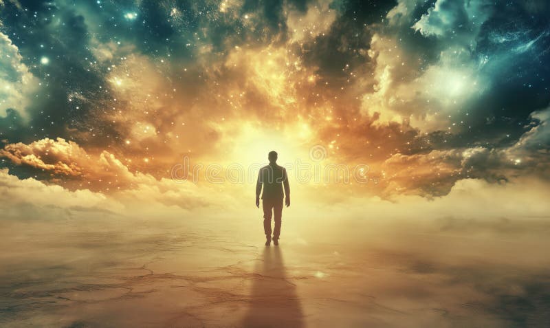 Silhouette of a Man Walking Towards a Cosmic Horizon with Vibrant ...