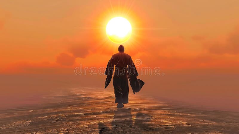 Silhouette of a Man Walking Towards the Setting Sun Stock Illustration ...