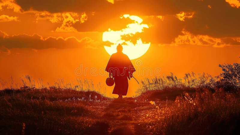 Silhouette of a Man Walking Towards Sunset Stock Illustration ...