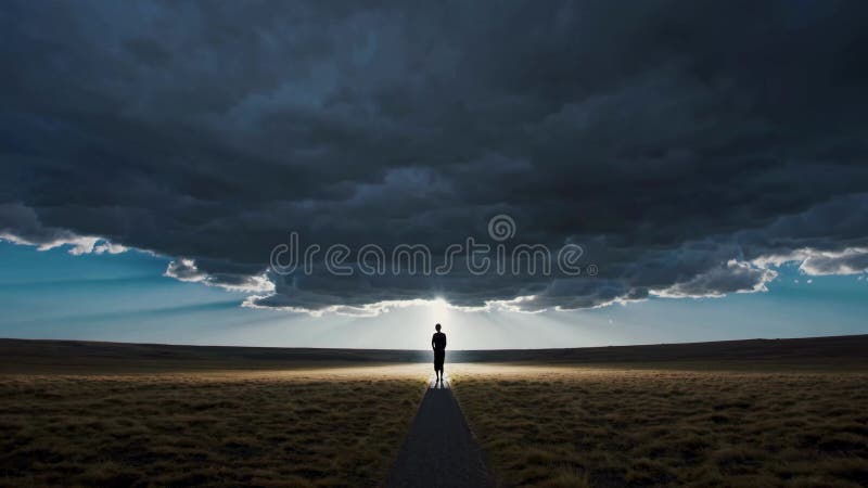 Silhouette Man Walks Path Under Dramatic Storm Clouds Journey Ahead ...