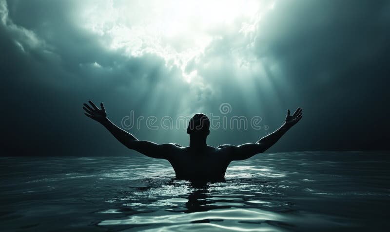 Silhouette of Man in Water with Outstretched Arms Under Dramatic Cloudy ...