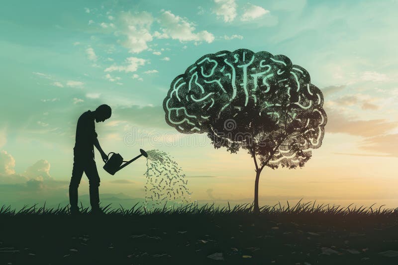 A Silhouette of a Man Watering a Brain-shaped Tree, Representing the ...