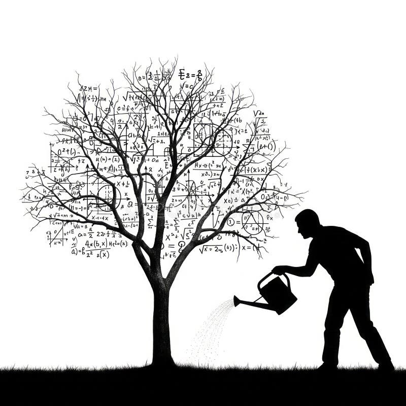 The Silhouette of a Man is Watering a Tree Covered with Formulas. Stock ...