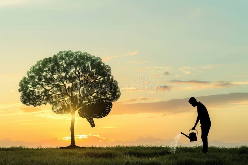 A Silhouette of a Man Watering a Tree Shaped Like a Brain during Sunset ...