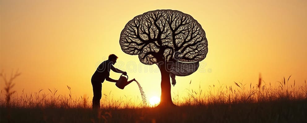Silhouette Man Waters Brain-shaped Tree Sunset. Concept Intellectual ...
