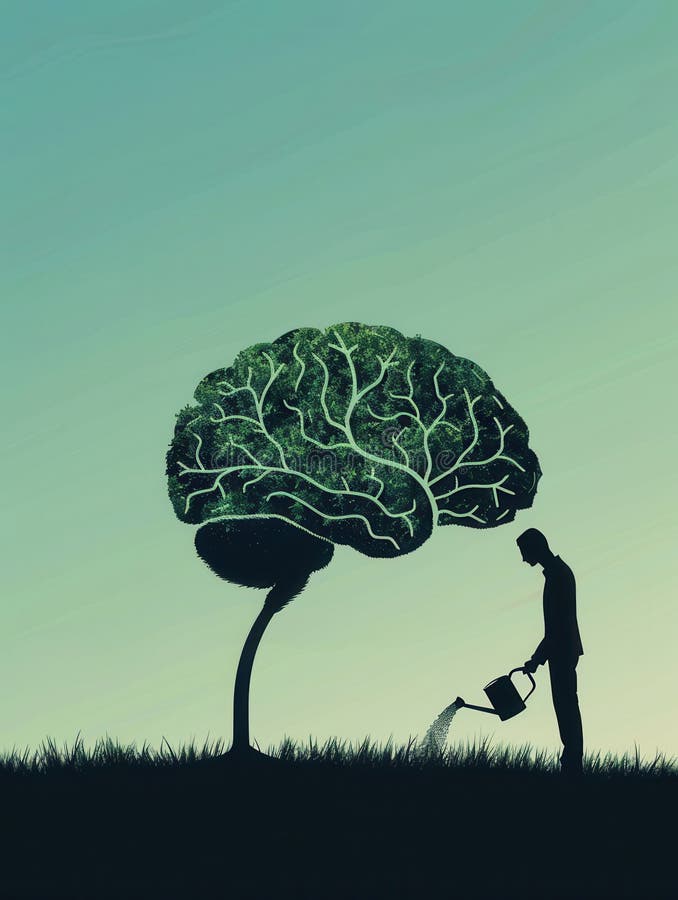 A Silhouette of a Man Waters a Tree Resembling a Brain, Representing ...