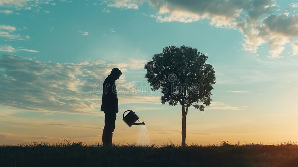 A Silhouette of a Man Waters a Tree Shaped Like a Brain during Sunset ...