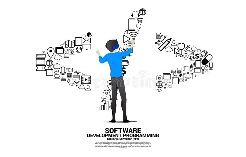 Silhouette Man Wear VR Glasses and Software Development Programming Tag ...