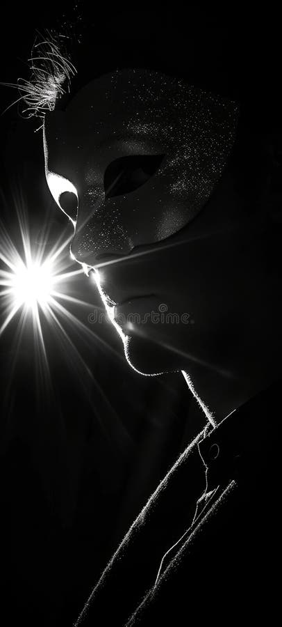 Silhouette of a Man Wearing a Theatrical Mask Hidden in Darkness with a ...